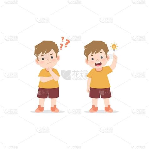 男孩感到困惑，疑惑，遇到了一个问题，试图回答，结果男孩想出了问题的答案。插图卡通人物矢量设计的白色背素材 花瓣网