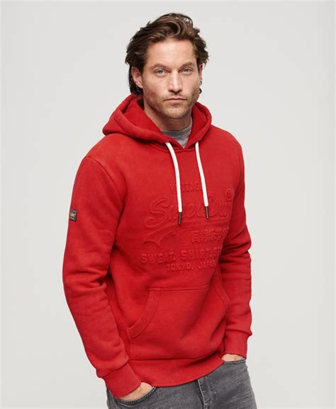 Mens Embossed Vintage Logo Hoodie In Risk Red Superdry Uk