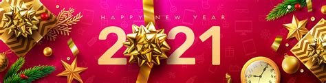 2021 년 새해 복 많은 홍보 포스터 또는 황금 선물 상자와 크리스마스 장식 요소 배너 2020년 새해 컨셉을 변경하거나 오픈합니다 새해를 위한 프로모션 및 쇼핑 템플릿
