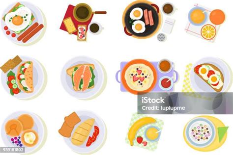 아침 식사 벡터 커피와 크로와 아침에 과일 튀김된 계란 휴식 건강 식품 죽 또는 시리얼 흰색 배경에 고립의 그림 세트 아침