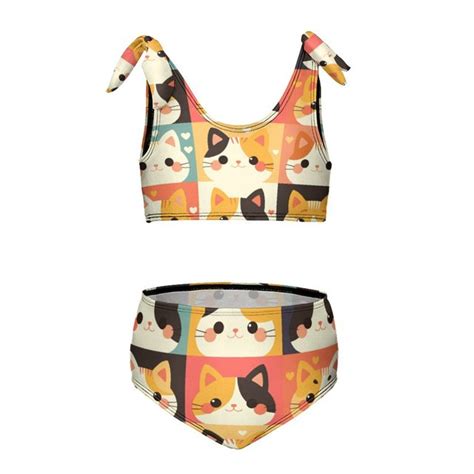 Cartoon Cute Kitten Girls 2 Piece Bikini Set Beach Sport Swimsuit