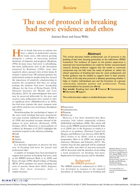 The Use Of Protocol In Breaking Bad News Evidence And Ethos Pdf Pdf