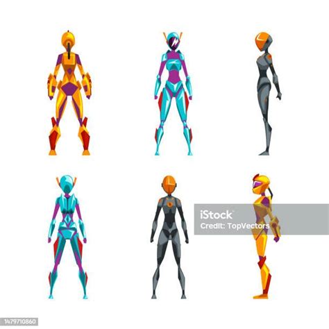 Robot Superhero Figures In Helmet And Armored Costume Vector Set向量圖形及更多