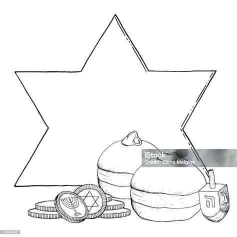 유대인 휴일에 대 한 도넛과 행복 한 Hanukkah 벡터 템플릿입니다 흑인과 백인 벡터 그림입니다 손으로 그린 Sufganiyot 도넛과 Sevivon 12월에 대한 스톡