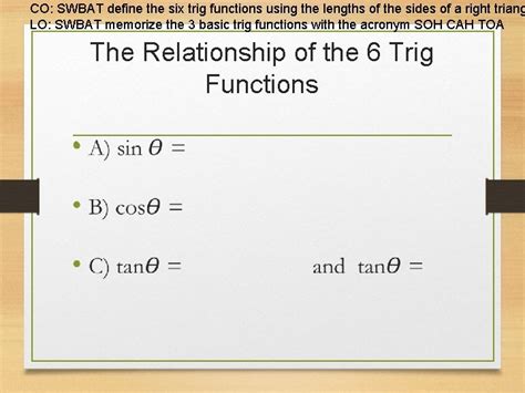 CO SWBAT Define The Six Trig Functions Using