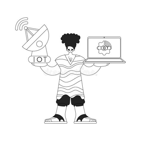 He Grasps An Antenna Laptop For Working With Iot Data Vector Linear