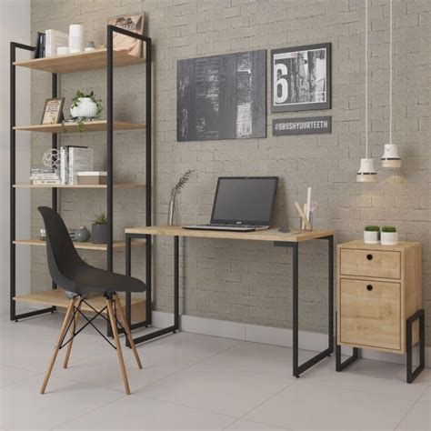 Conjunto Home Office 3 Peças 1 Escrivaninha 90cm 1 Estante Porto 1 Mesa de Cabeceira Wolli em