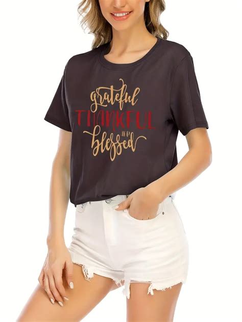 Thankful Letter Print T Shirt Casual Crew Neck Short Sleeve Summer T