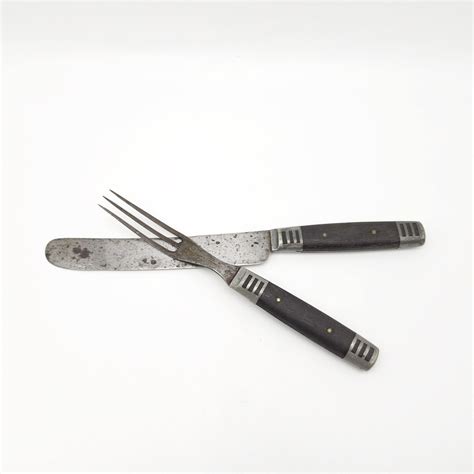 Vintage Antique Knife And 3 Prong Fork Wooden Handle Inlay Matching Set
