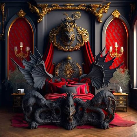 An Elaborately Decorated Bedroom With Red And Gold Decor Dragon