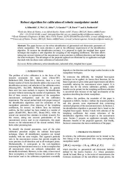 Pdf Robust Algorithm For Calibration Of Robotic Manipulator Model
