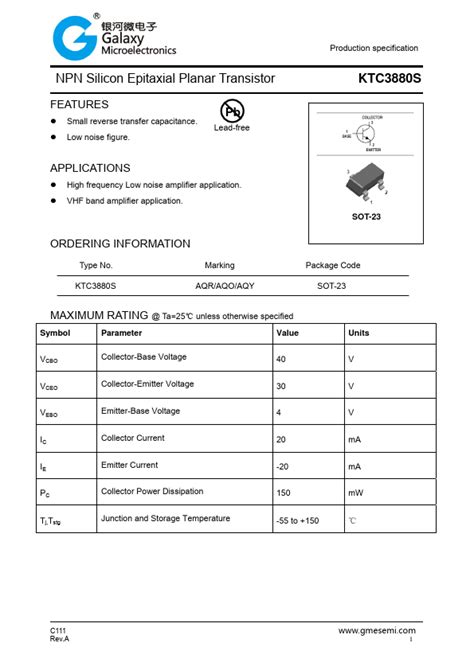 Ktc3880s Datasheet Planar Transistor Galaxy Microelectronics