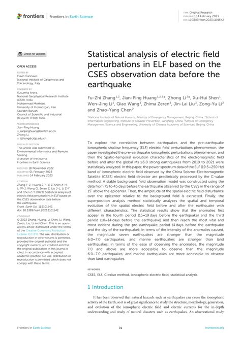Pdf Statistical Analysis Of Electric Field Perturbations In Elf Based On The Cses Observation