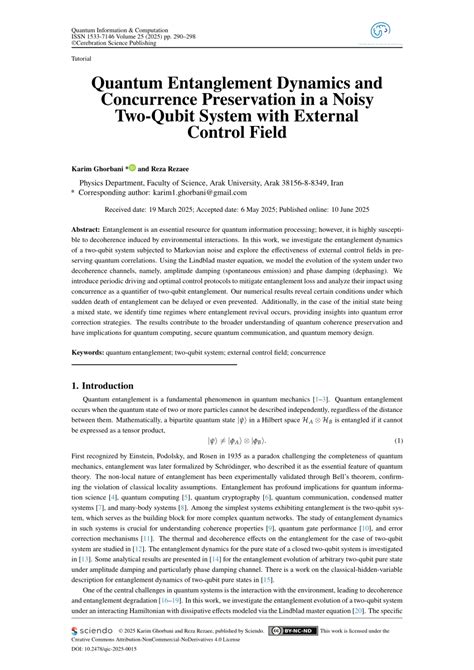 Pdf Quantum Entanglement Dynamics And Concurrence Preservation In A Noisy Two Qubit System