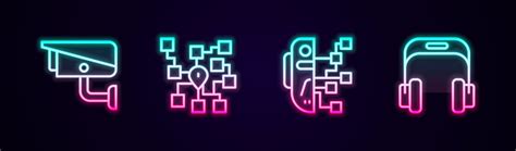 라인 보안 카메라 신경망 휴머노이드 로봇 및 헤드폰을 설정합니다 빛나는 네온 아이콘입니다 벡터 가공의 인물에 대한 스톡 벡터 아트 및 기타 이미지 Istock