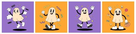 Premium Vector Set Of Halloween Posters Or Greeting Card With Ghosts