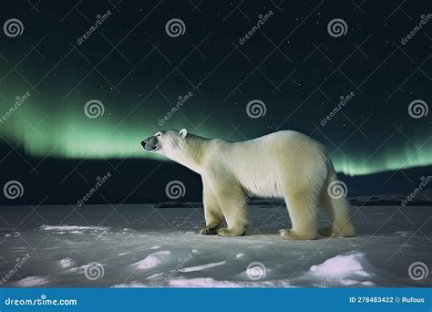 Polar Bear With Northern Lights Aurora Borealis Night Image With