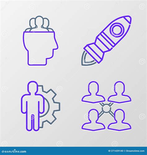 Set Line Project Team Base Human With Gear Inside Rocket Ship Fire And Icon Vector Stock