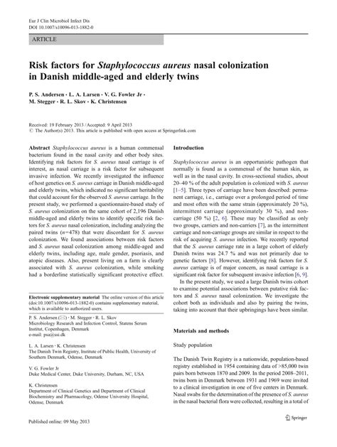 Pdf Risk Factors For Staphylococcus Aureus Nasal Colonization In
