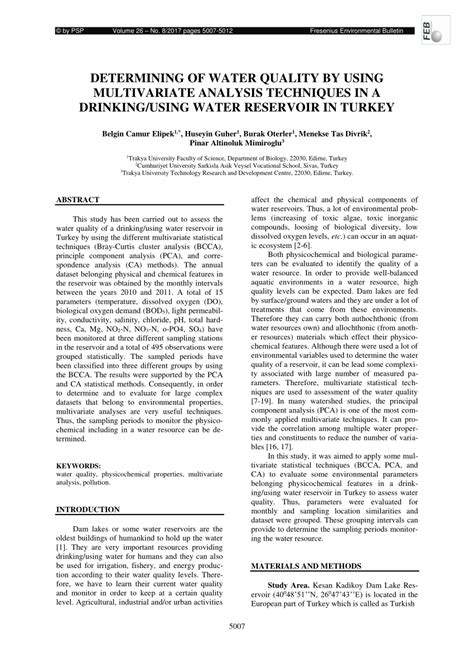 Pdf Determining Of Water Quality By Using Multivariate Analysis Techniques In A Drinking Using