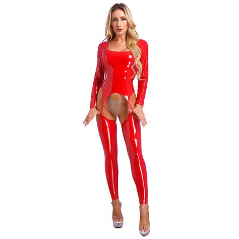 Womens Bodysuit Wet Look Jumpsuit Crotchless Patent Leather Catsuit
