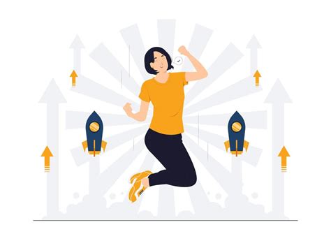 Enthusiastic Happy Businesswoman Jumping With Rocket Start Up Concept