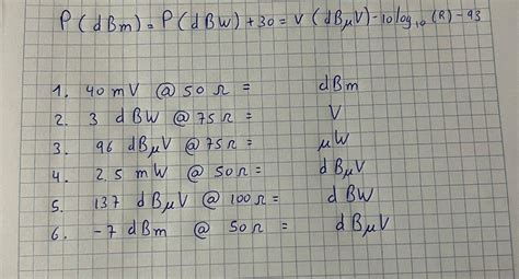 solved p dbm p dbw 30 v dbμv −10log10 r −93 1 40mv 50