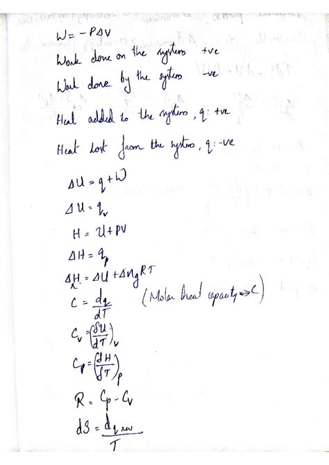Thermodynamics Equations Complementary Chemistry Work Done On The System Wall Done The