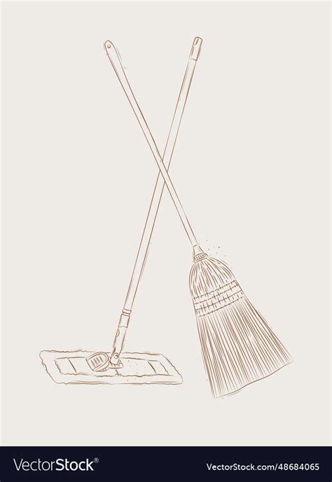 Broom And Flat Mop Drawing In Graphic Style Vector Image