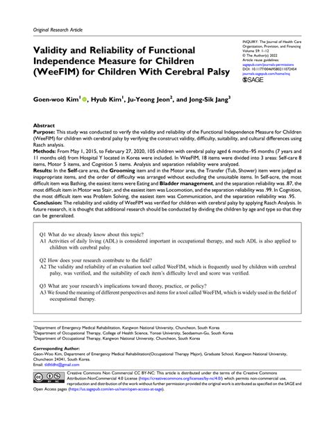 Pdf Validity And Reliability Of Functional Independence Measure For