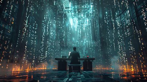 A Dark Room With Binary Code And Data Flowing In The Air A Computer Screen On A Table In The