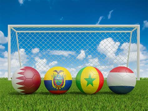 Soccer Balls In Flags Colors On Soccer Field Group A Stock