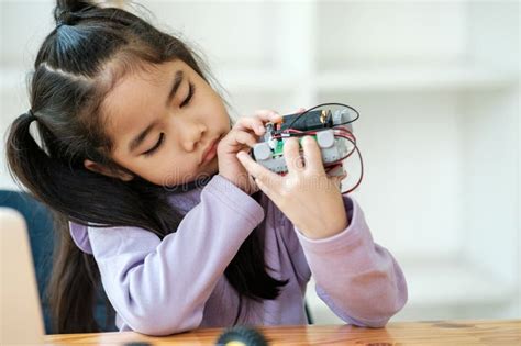 Stem Education Concept Asian Young Girl Learning Robot Design Stock