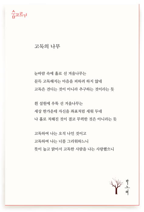 박노해의 걷는 독서 눈바람 속에 홀로 선 겨울나무는 문득 고독해지는 마음을 피하려 하지 않네 고독은