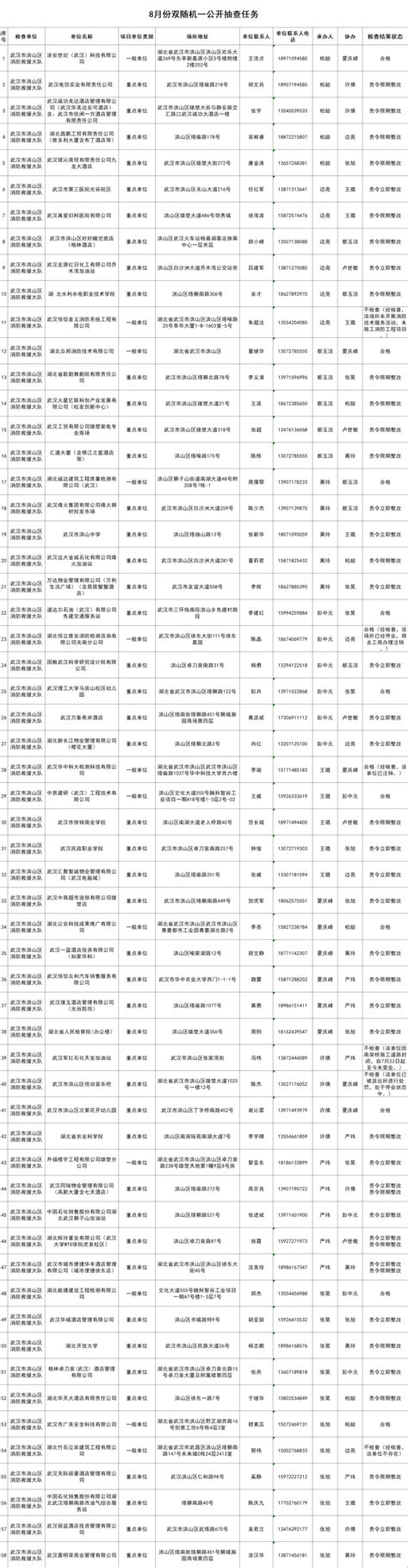 洪山区消防救援大队2023年8月“双随机、一公开”监督抽查结果及2023年9月监督抽查任务公示监管检查武汉