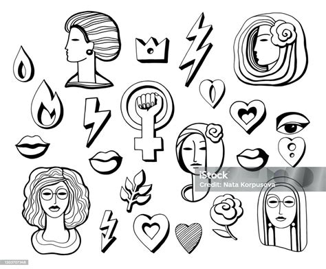 낙서 스타일과 페미니즘 기호의 여성 초상화 세계 여성의 날 페미니즘 컨셉 디자인 카드에 대한 벡터 그림 포스터 현대적인 디자인
