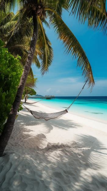 Premium AI Image Phone Wallpaper Of White Sand Beach With Hammock