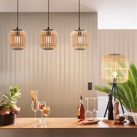 Eglo Bordesley Triple Drop Linear Pendant With Natural Bamboo
