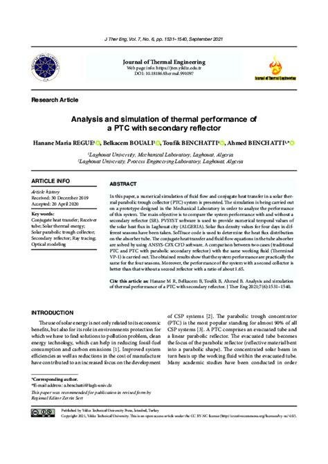 Pdf Analysis And Simulation Of Thermal Performance Of A Ptc With Secondary Reflector