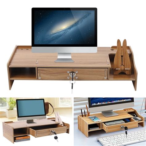 Ergonomic Monitor Stand Riser With Lockable Drawer Cherry Wood Finish Multifunctional Storage