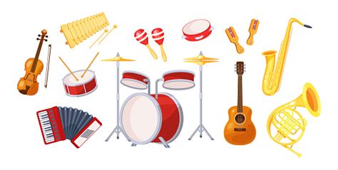 바이올린 탬버린 하프 트롬본 백파이프 색소폰 아코디언 기타 드럼 탬버린 신디사이저 백파이프 마라카스 룸바 벡터 다양한 악기 금속 나무 음향 악기를 설정 개체 그룹에 대한