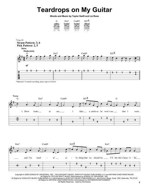Teardrops On My Guitar By Taylor Swift Easy Guitar Tab Guitar