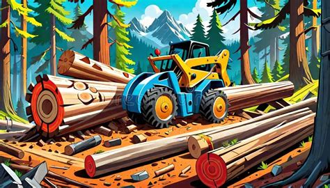 Cartoon Logging Truck Forest Tree Log Lumber Loader Stock Illustration
