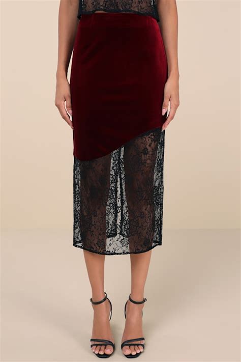 Burgundy And Black Skirt Velvet Skirt Sheer Lace Midi Skirt Lulus