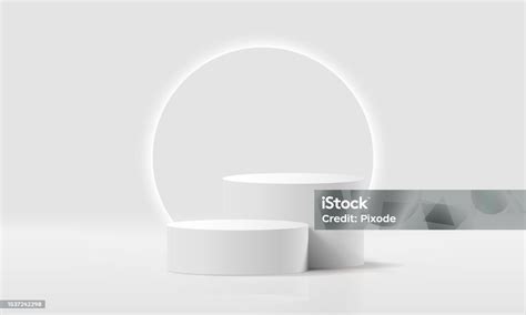 흰색 현실적인 3d 실린더 받침대 연단과 원형 둥근 네온 조명 배경 추상 벡터 렌더링 기하학 제품 전시 프리젠 테이션 최소한의 장면 소셜 미디어 게시물 배경 0명에 대한