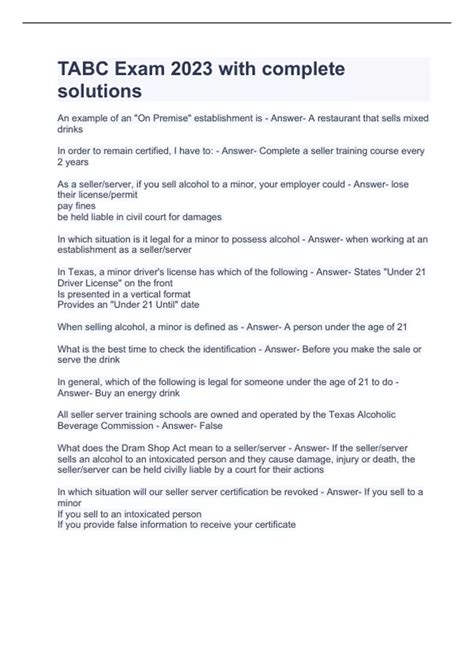 TABC Exam With Complete Solutions TABC Stuvia US