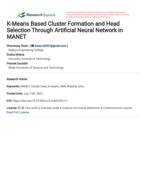 Pdf K Means Based Cluster Formation And Head Selection Through Artificial Neural Network In Manet