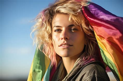 A Woman With A Rainbow Colored Hair And A Rainbow Colored Scarf