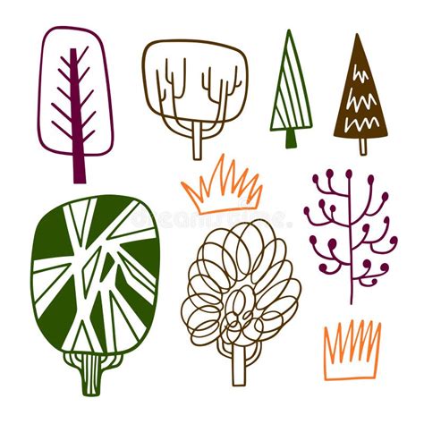 Various Types Of Trees Set Doodle Icons Flat Design In Line Art Style Vector Illustration Stock