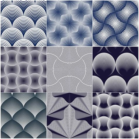 기하학적 원활한 패턴 세트 추상 타일링 배경 컬렉션 벡터 반복 끝없는 벽지 삽화 겹치는 원 지붕 타일 또는 물고기 Squama 모양 조개 모양 잎 프리미엄 벡터